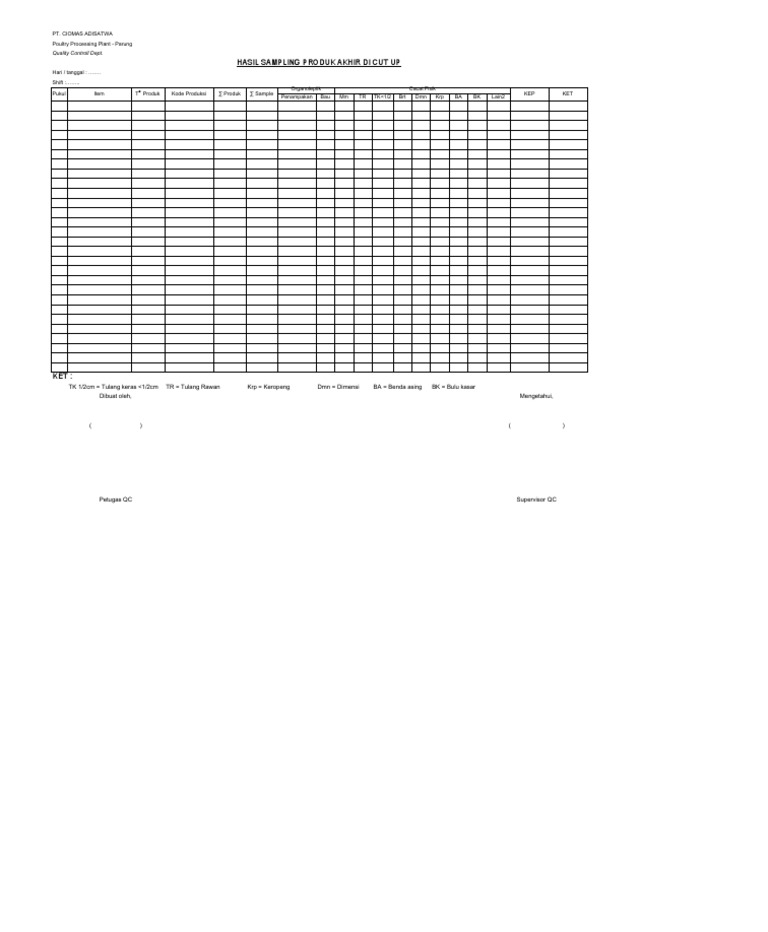 Qc Form Hasil Sampling Produk Akhir Di Cut Up Pdf