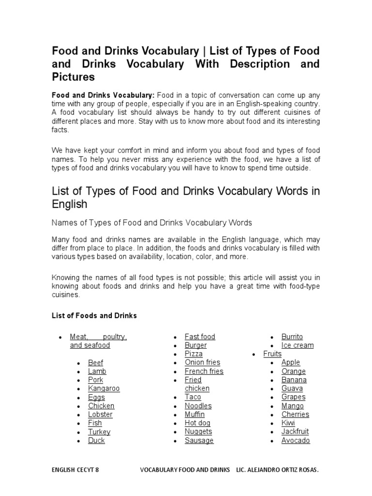 Food and Drinks Vocabulary | PDF | Meat | Breads