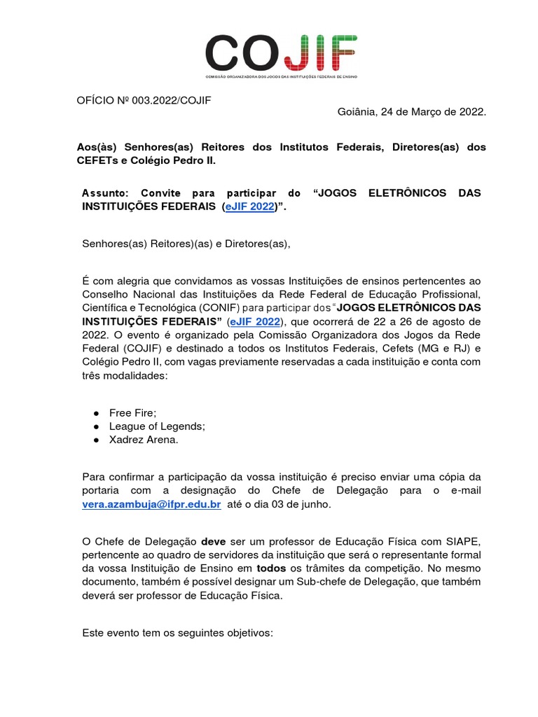 Ofício 003-2022 Convite Ejif 2022 | PDF | Educação Física