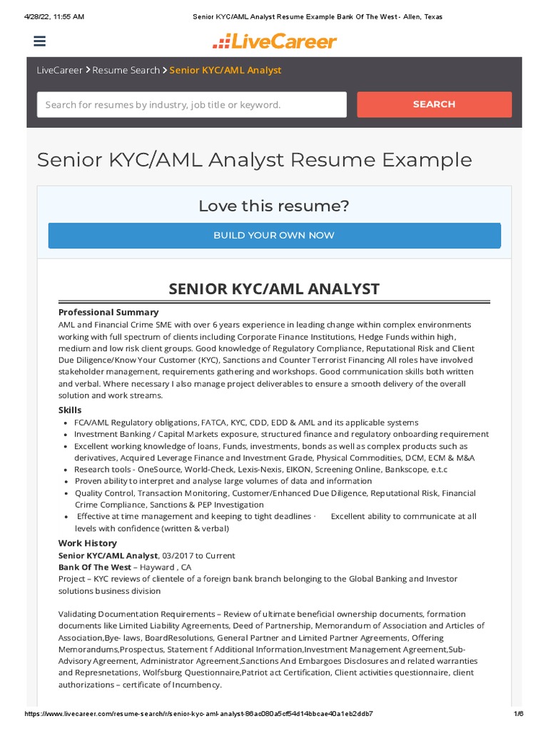 Senior KYC - AML Analyst Resume Example Bank of The West - Allen, Texas ...