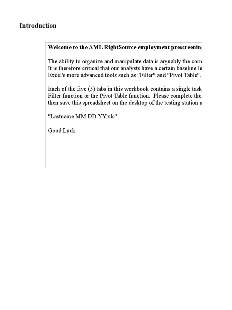 AML RightSource Excel Assessment Guide | PDF | Microsoft Excel | Harry ...
