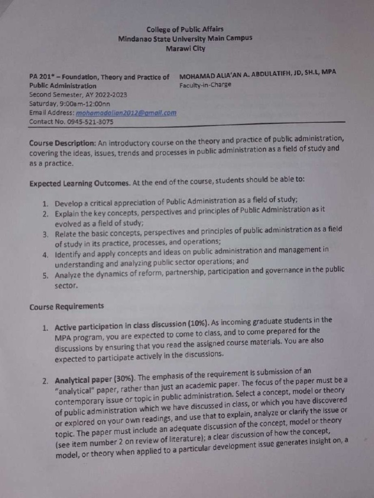 PA 201 Course Syllabus Part 1 | PDF