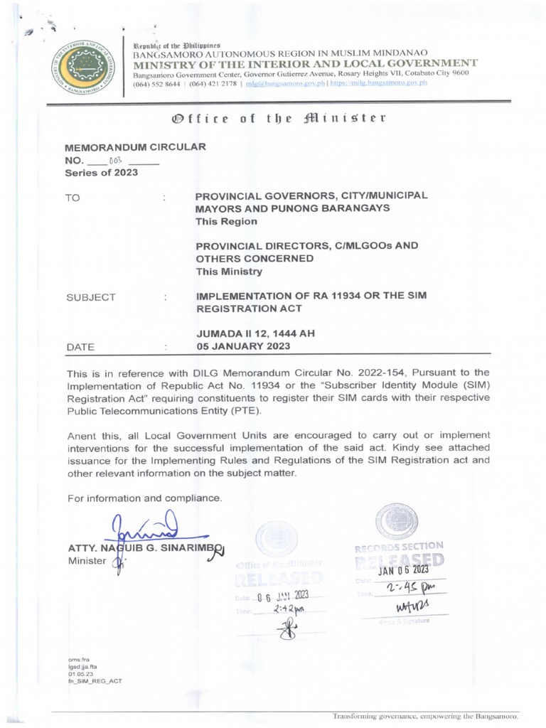 MC No 003 Re Implementation of RA 11934 or The Sim Registration ...