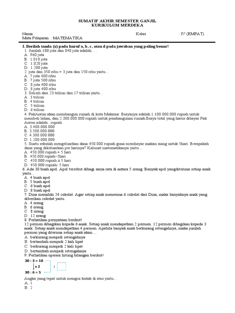 Soal Sumatif Matematika Kelas 4 | PDF