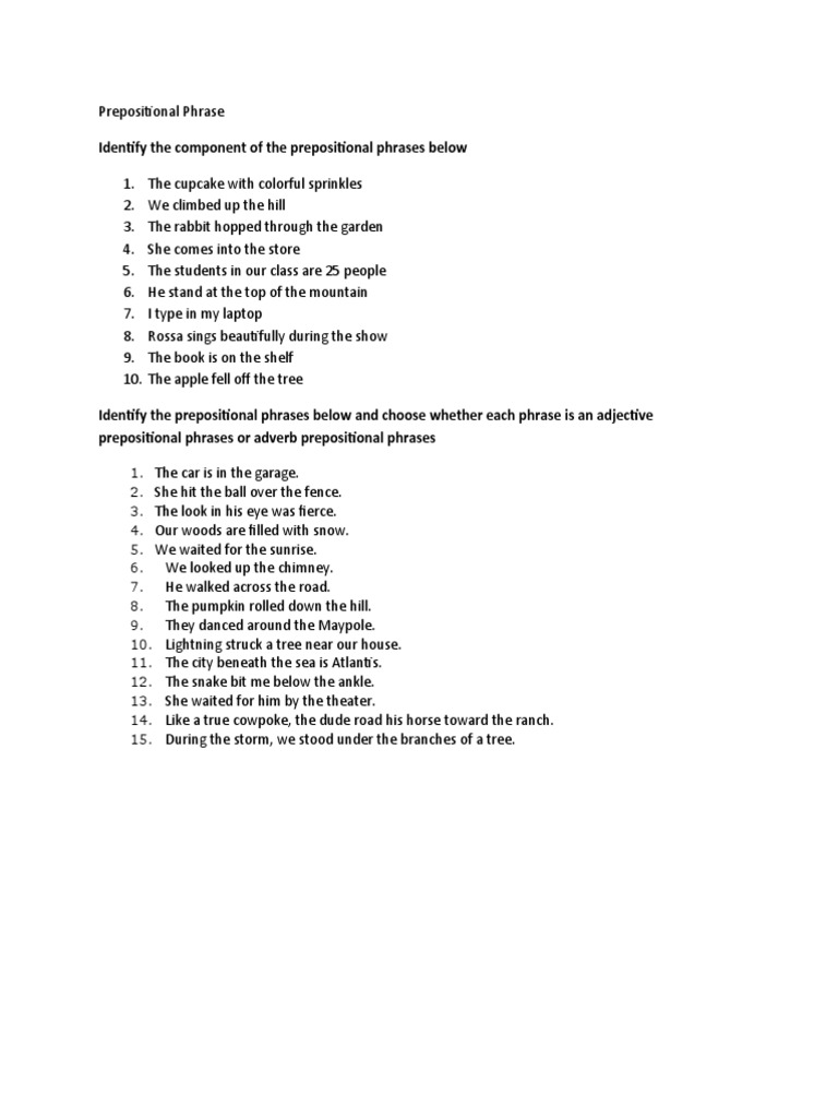 Prepositional Phrase Exercise | PDF