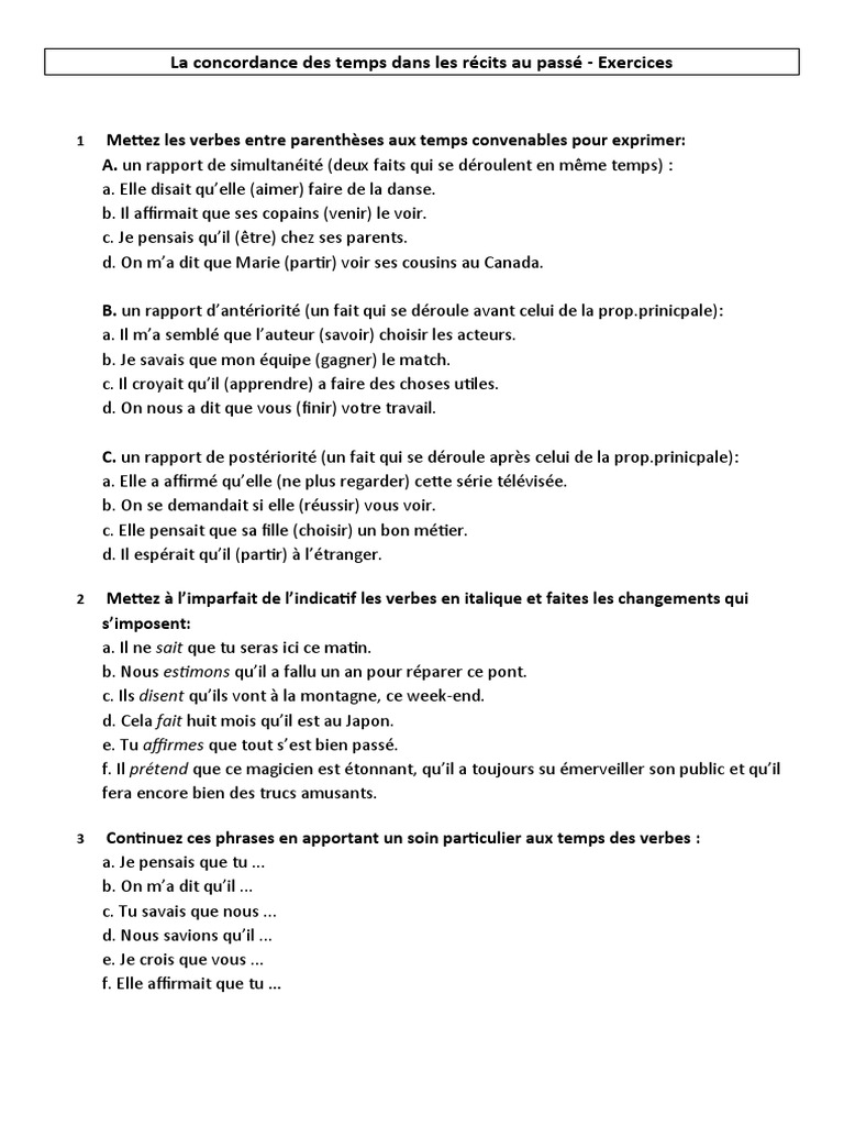 Concordance des temps au passé : exercices | PDF
