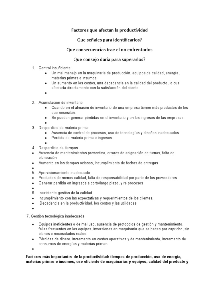 Factores Que Afectan La Productividad | PDF | Calidad (comercial) | Procesos de negocio