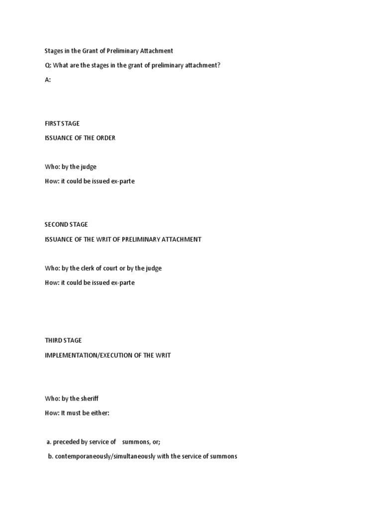 Stages in The Grant of Preliminary Attachment | PDF | Summons | Service ...