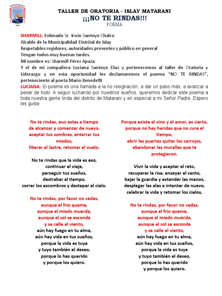 NO TE RINDAS!!!: Poema | PDF