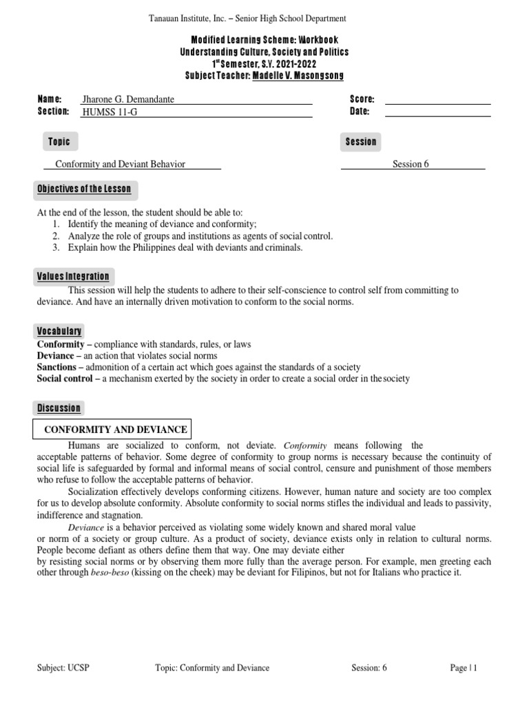 Jharone Demandante UCSP Session 6 Conformity and Deviant Behavior | PDF | Deviance (Sociology ...