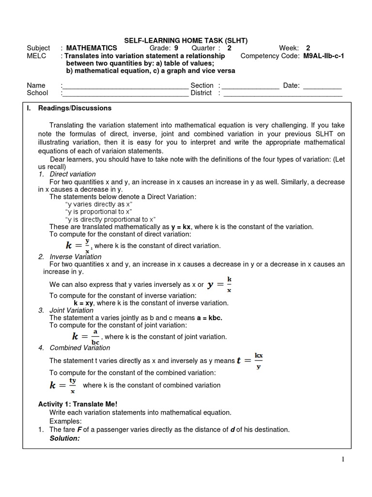 SLHT Math9 - Q2 Wk2a | PDF | Variable (Mathematics) | Equations