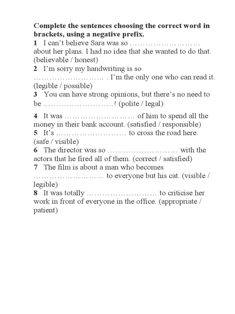 Complete The Sentences Choosing The Correct Word in Brackets | PDF ...