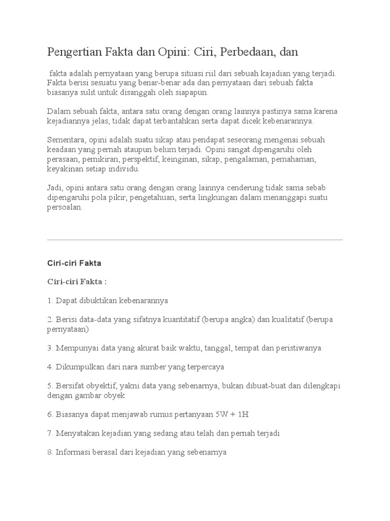Ciri dan Perbedaan Fakta serta Opini | PDF