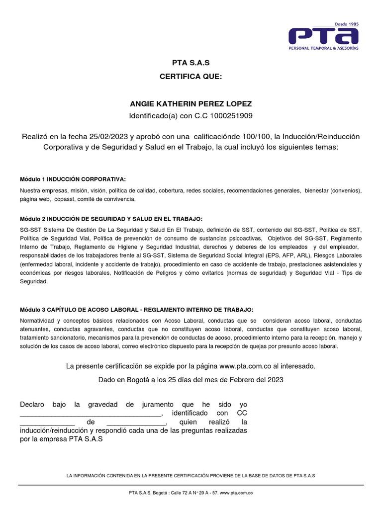 Pta S.A.S Certifica Que:: Identificado (A) Con C.C 1000251909 | PDF