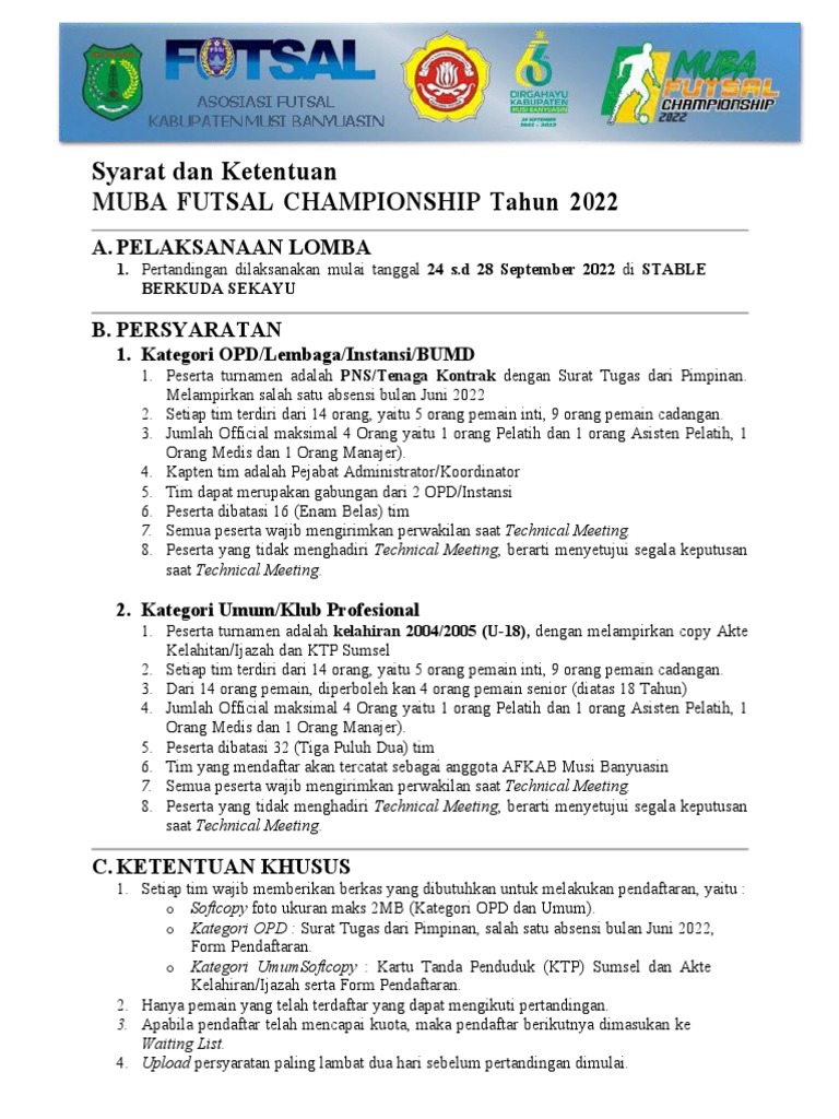 Syarat Muba Futsal Championship 2022 | PDF
