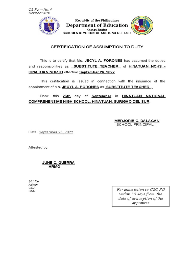 Certification of Assumption To Duty | PDF