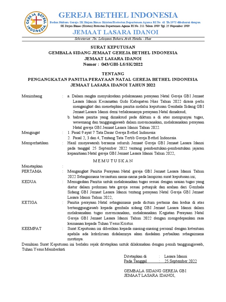 SK Panitia Natal GBI Lasara 2022 | PDF