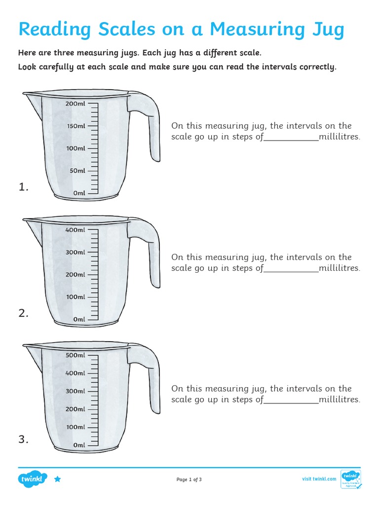 Measuring Jugs: Reading Scales Worksheet | PDF | Litre | Metrology
