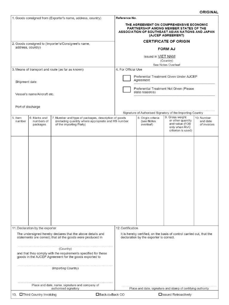 Form AJ - Giải Pháp Hỗ Trợ Doanh Nghiệp in Form CO Trực Tuyến - Vsign | PDF