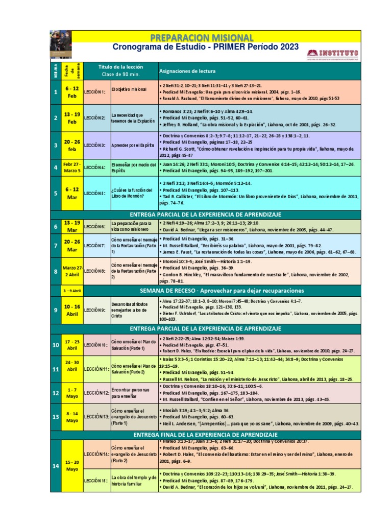 Preparacion Misional: Cronograma de Estudio - PRIMER Período 2023 | PDF | Movimiento Santo de ...