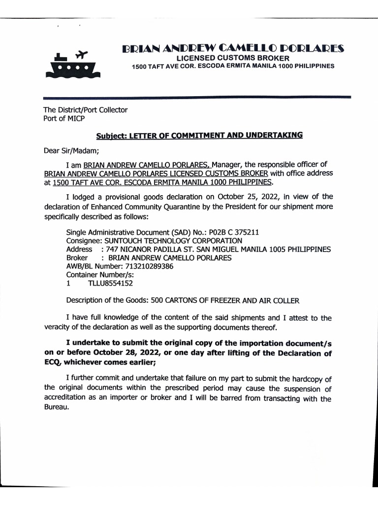 C 375211 Letter of Commitment and Undertaking | PDF