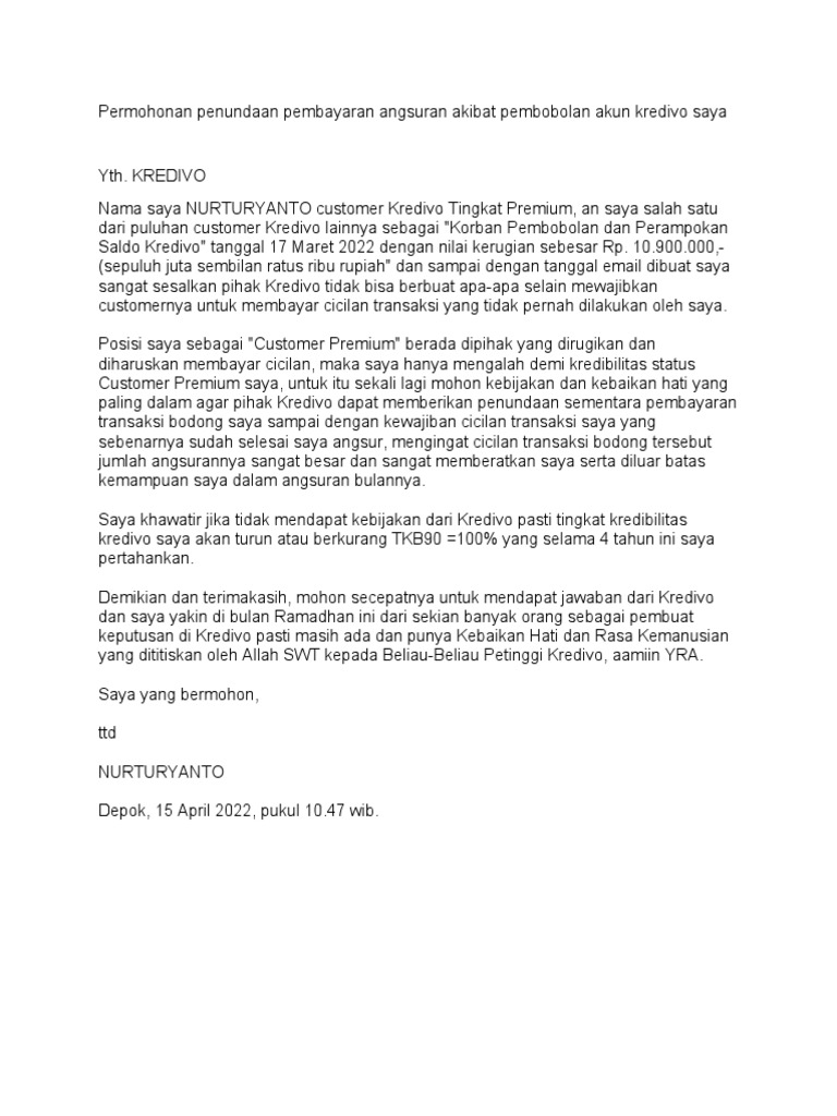 Surat Permohonan Tunda Bayar Kredivo Dampak Pembobolan Akun | PDF ...