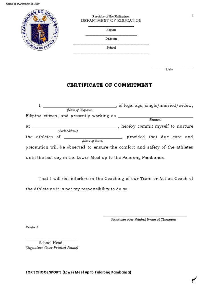 Certificate of Commitment to Chaperone Student Athletes for Lower Meet ...
