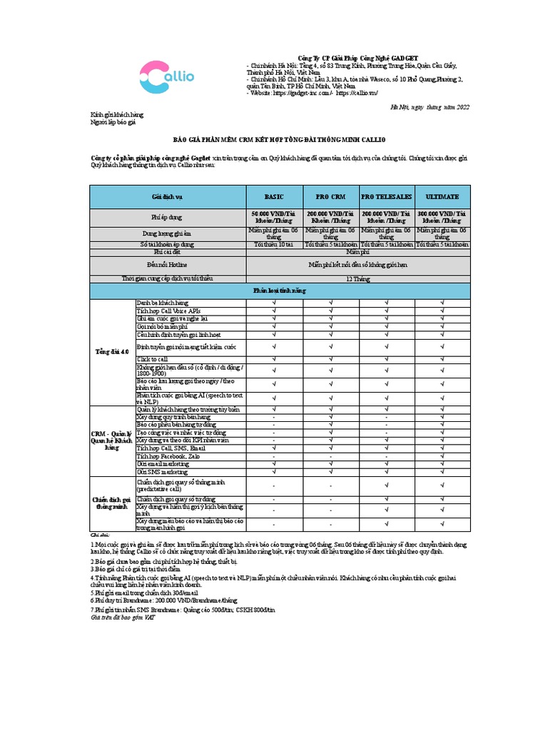 Báo giá Callio - Gói dịch vụ | PDF