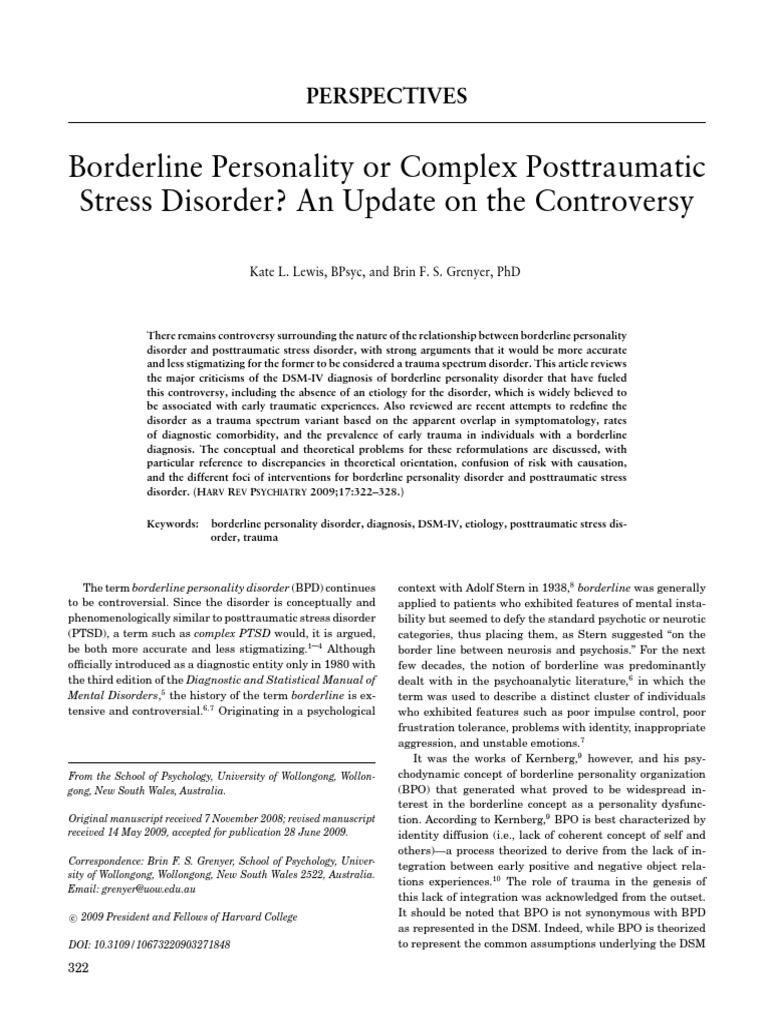 Borderline Personality or Complex Posttraumatic Stress Disorder? An Update On The Controversy ...