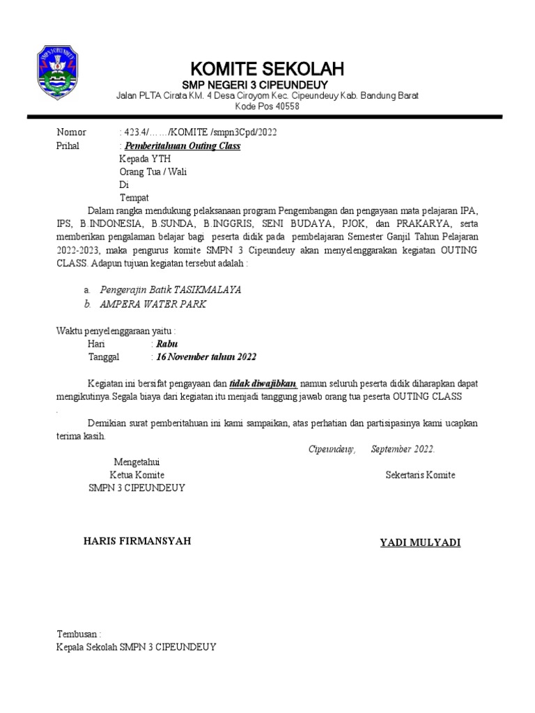 Pemberitahuan Outing Class | PDF