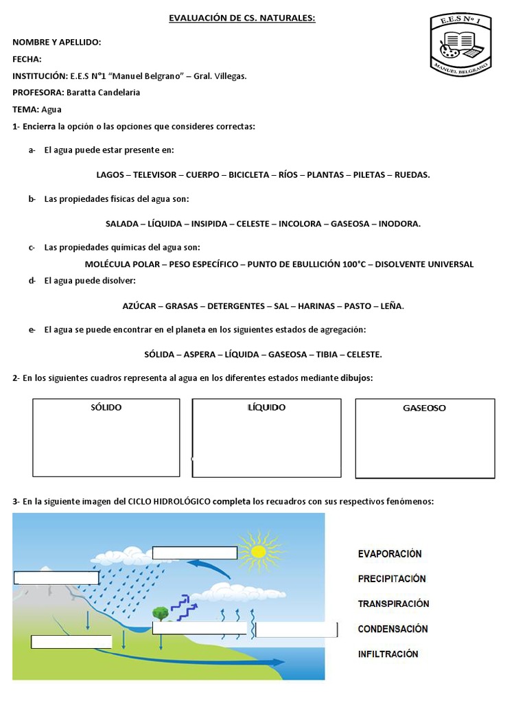 Hoja De Trabajo Con Cuestionario Sobre El Ciclo Del Agua