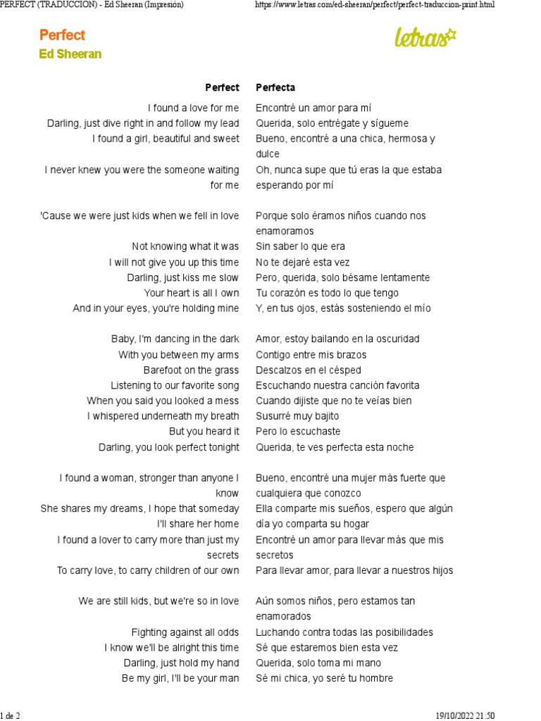 PERFECT (TRADUCCIÓN) - Ed Sheeran (Impresión) | PDF | Canciones ...