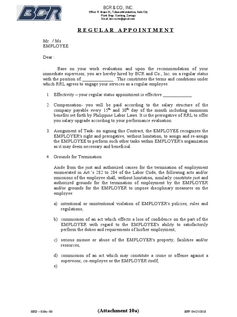 Regular Employment Appointment Letter | PDF | Employment | Salary