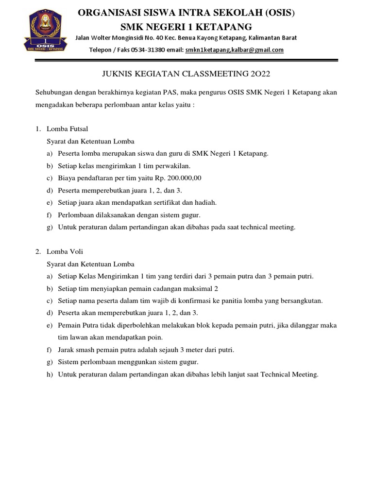 Juknis Kegiatan Classmeeting 2o22 | PDF