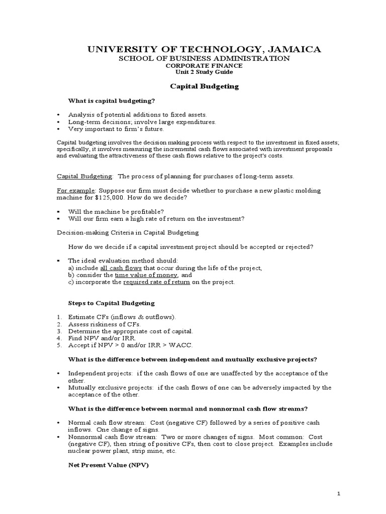 Corporate Finance Unit 2 Study Guide Students | PDF | Capital Budgeting ...