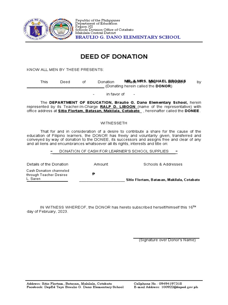 BGDES Deed of Donation 2023 - MR and Mrs Brooks | PDF | Social Science