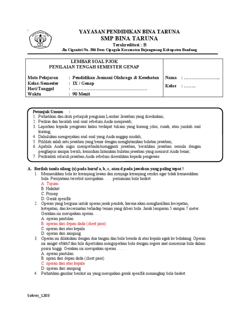Soal Pts Pjok Kelas 7 | PDF
