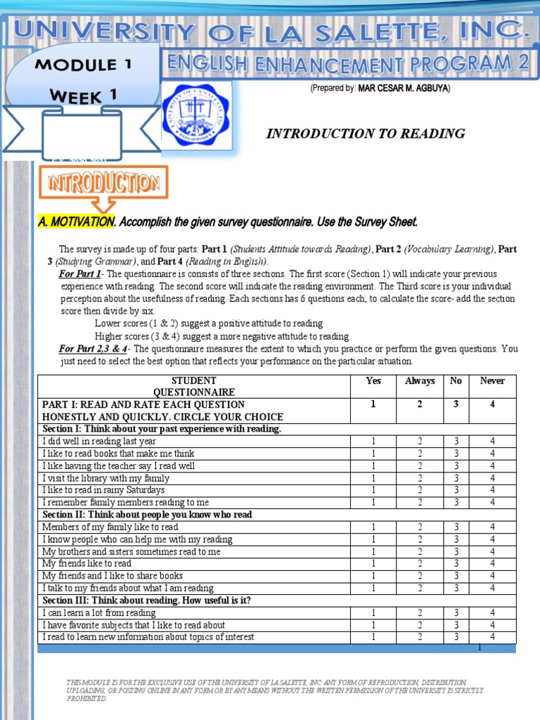 Survey in Reading | PDF | Questionnaire | English Language