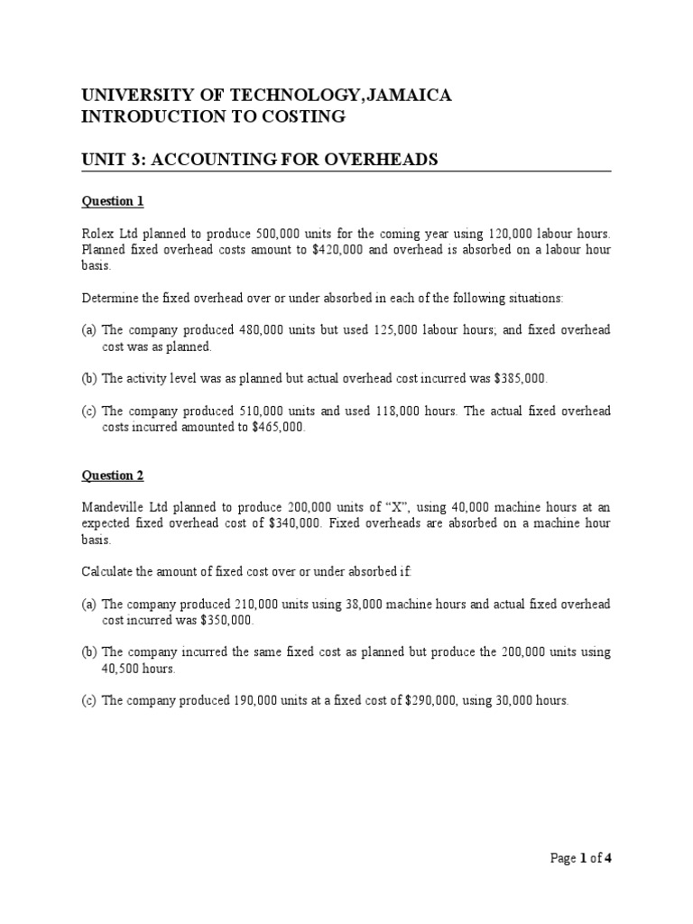 Unit 3 Overheads - Tutorial Sheet | PDF | Cost | Business