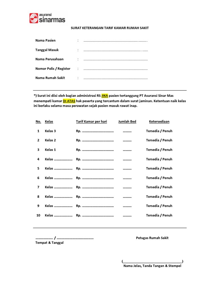 Surat Keterangan Tarif Kamar (Asm) | PDF