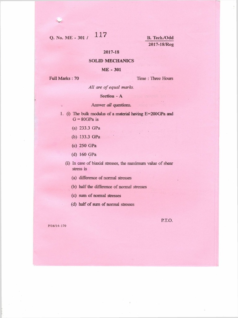 Question Papers For ME 2017-18 | PDF | Heat | Strength Of Materials