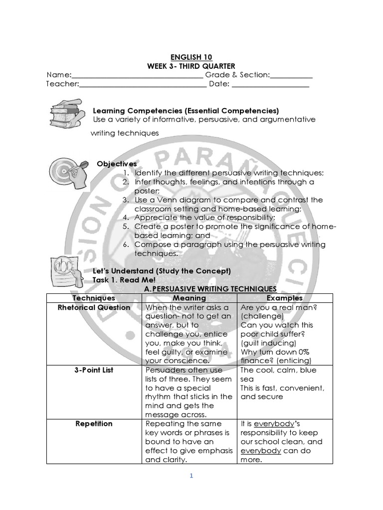 English 10 - Week 3 - Module 3 | PDF | Essays | Learning