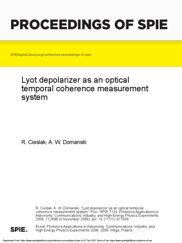 Lyot Depolarizer As An Optical Temporal Coherence Measurement System | PDF | Polarization (Waves ...