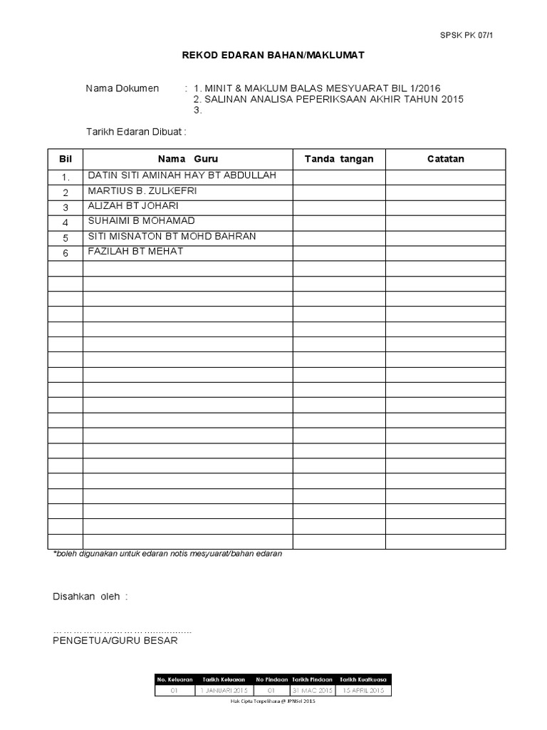 Pk07 1 Rekod Edaran Bahan Edaran Semasa Mesyuarat Pdf