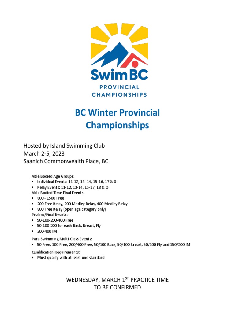 2023 Swim BC Winter Provincial Championships 12192022 | PDF | Swimming ...