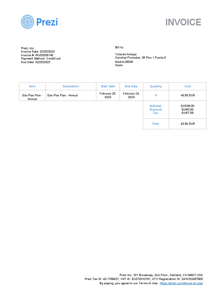 Prezi Edu Plus Annual Invoice | PDF