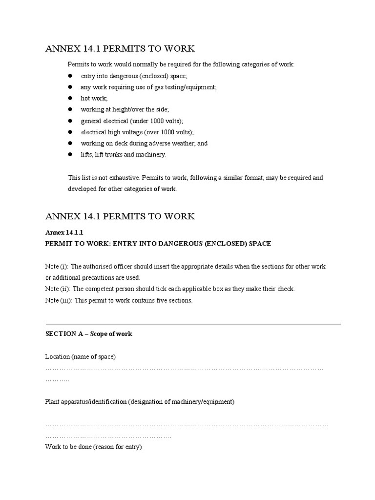 Permit to Work Requirements for Entry into Dangerous Spaces and Working ...