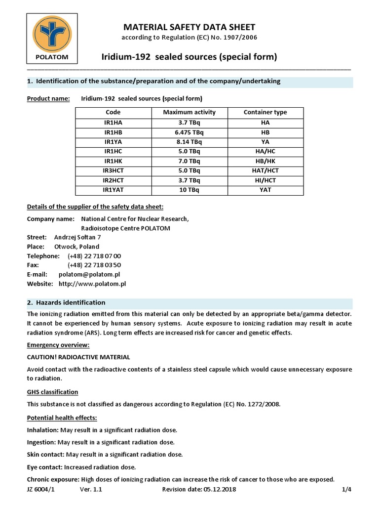 MSDS Iridium-192 Sealed Sources (Special Form) REV 2018.12.05 | PDF ...