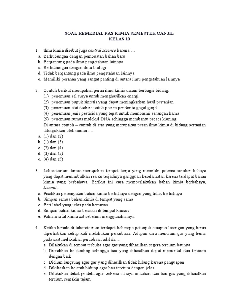 Soal Remedial Pas Kimia Semester Ganjil | PDF
