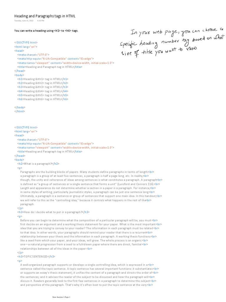 Heading and Paragraphs Tags in HTML | PDF | Paragraph | Html